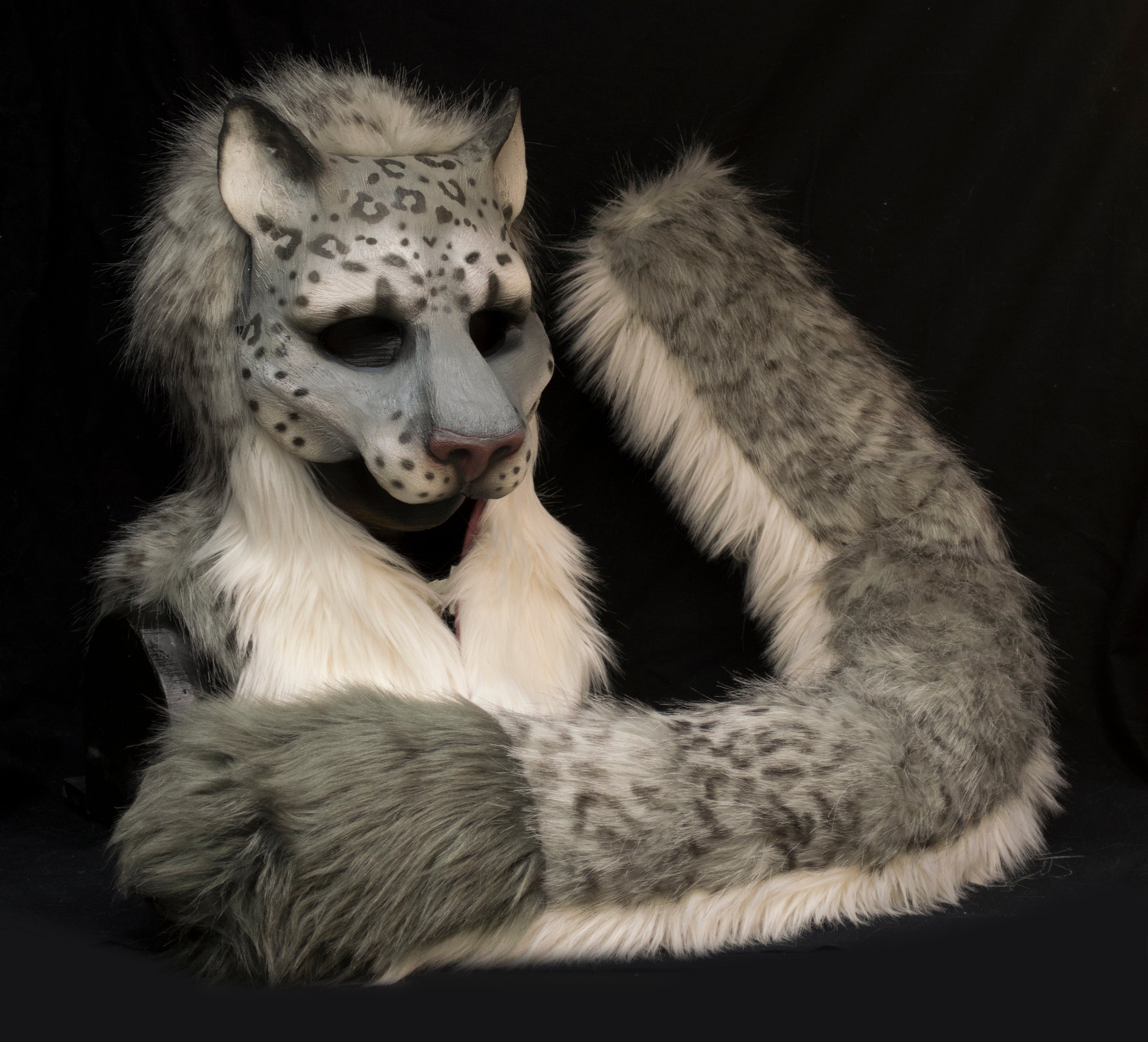 Snow leopard hooded mask with tail for LARP, performance and costuming ...